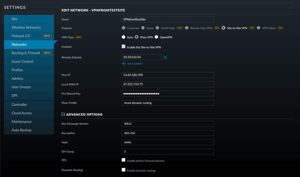 Setup Azure to Unifi USG IPSec VPN